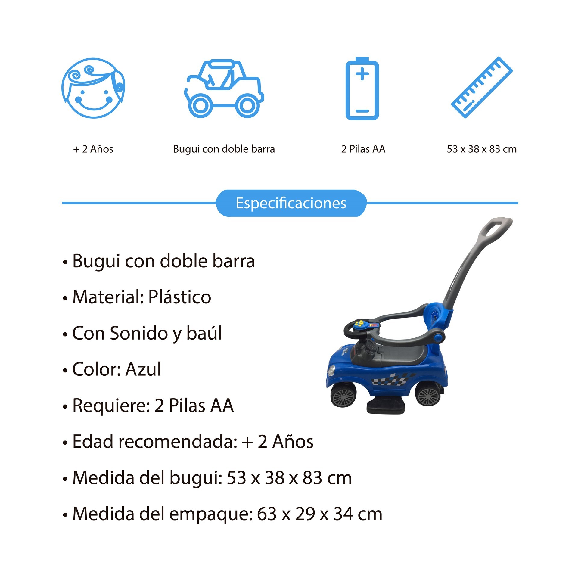 Pepeganga S.A.. Bugui con doble barra AZUL, con sonido y baúl, 2AAen caja