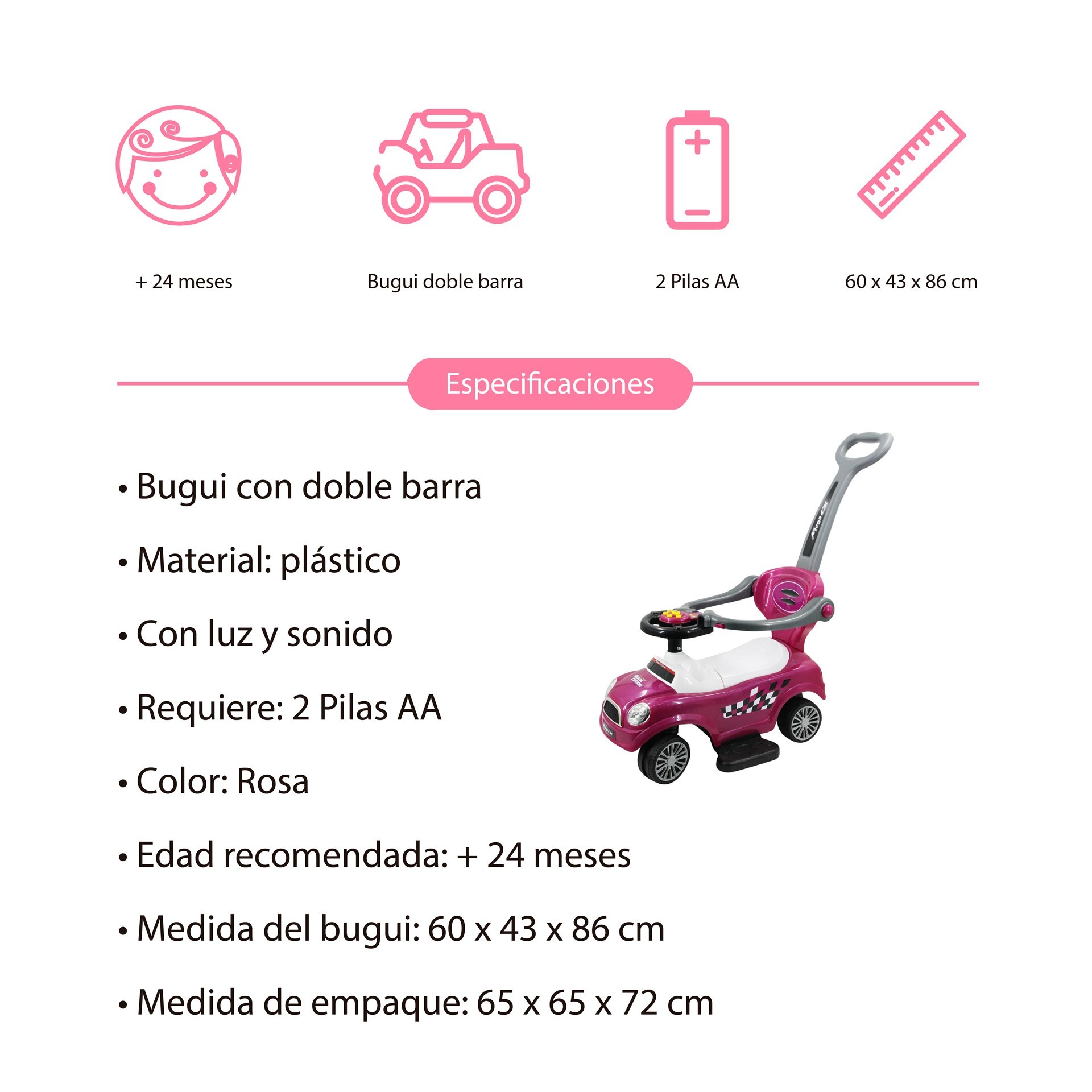 Pepeganga S.A.. Bugui con doble barra apoya pie ROSADO, con luz y ...